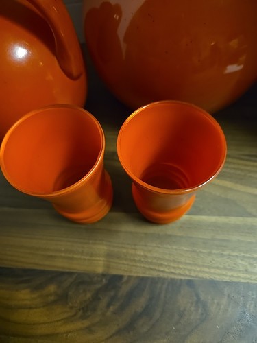 Fire King Red-Orange (2) Tilt Ball Pitcher Anchor Hocking Rainbow ...