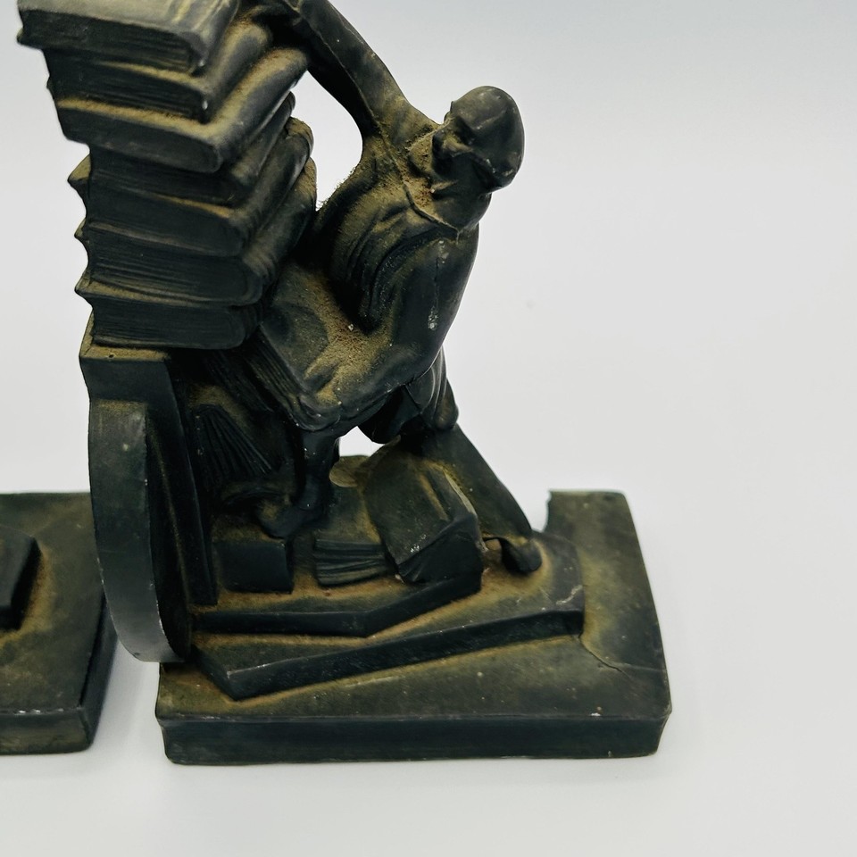 Vintage Art Deco Bookends Pair Man Pushing Stack of Books Cast Metal ...