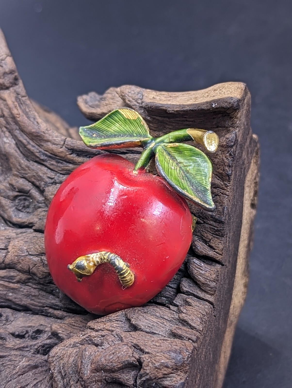 Vintage Signed ORIGINAL by ROBERT Apple Brooch Large Red Enamel Worm ...