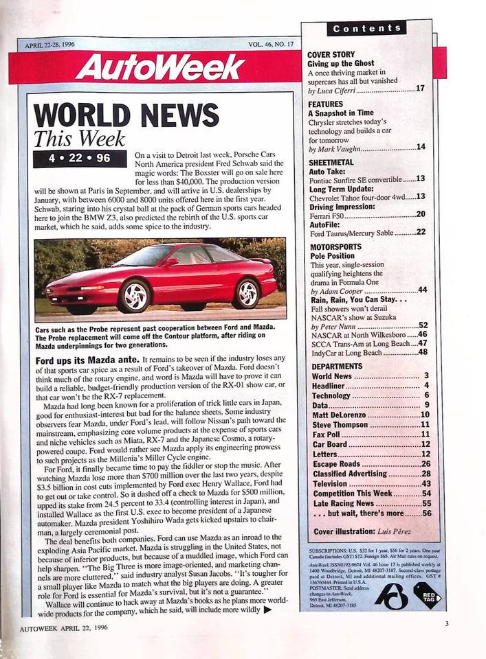 Autoweek Magazine April 22, 1996 Ferrari F50, Dodge ESX Show Car ...