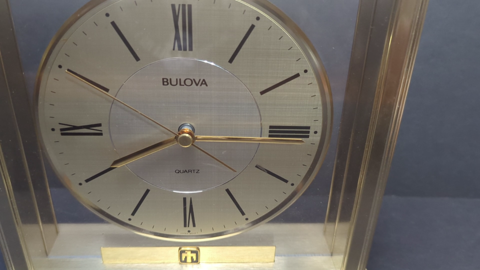Bulova Quartz Clock Desk Mantel Gold Tone Metal Glass Square Custom 7 ...