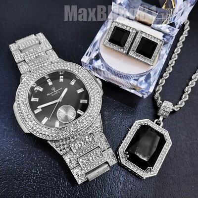 SILVER TONE SIMULATED DIAMOND WATCH & BLACK GEMSTONE HIP HOP NECKLACE ...