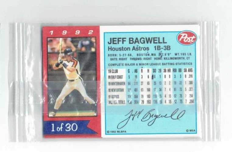 1992 POST Cereal Baseball Card JEFF BAGWELL #1 and PAUL MOLITOR #17 ...