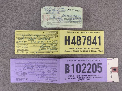 1968 Michigan Resident Archery Deer Tag + Small Game Back Tags (3Pieces ...