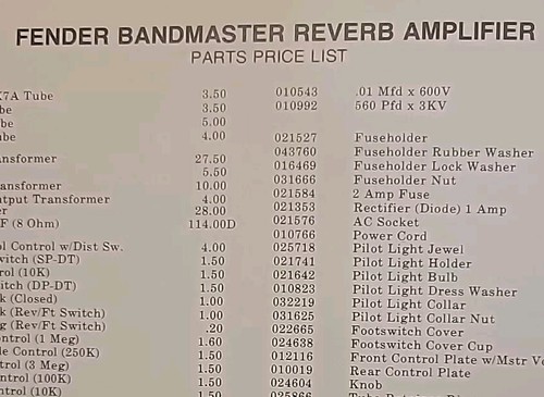 Parts List-Schematic Diagram FENDER Bandmaster Reverb Amplifier Guitar ...