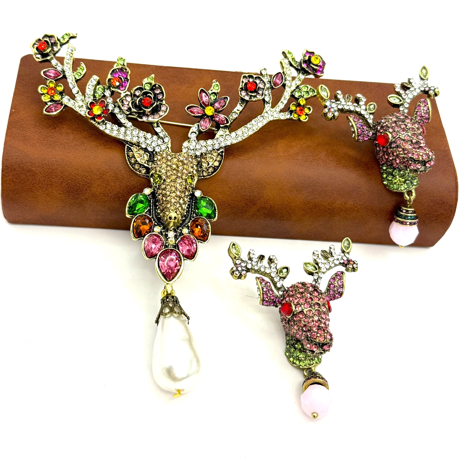 Huge Reindeer Brooch & Earrings Set Rhinestone Christmas Jewelry New