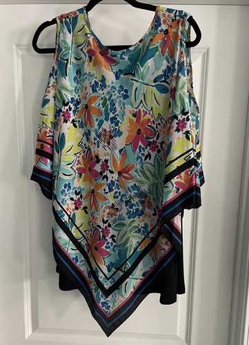 Slim Factor By Investments Bright Tropical Floral Black Multi Blouse ...