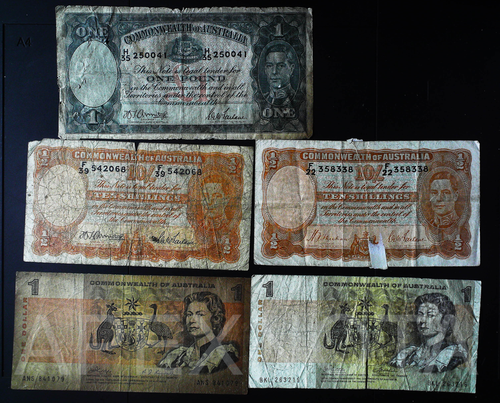 AUSTRALIA DOLLAR SHILLING LOT OF 5 PCS CIRCULATED QEII KGVI NOTES DIRT ...