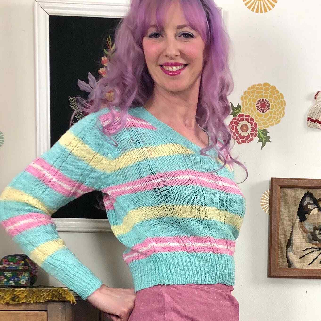 Vintage Pastel Stripe Sweater, 1980s V-Neck Cotton Candy Pullover, Size S | eBay