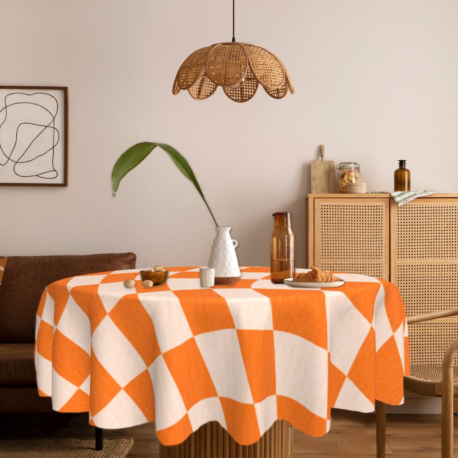 Retro Chess Board Round Table Cloth 60 InchOrange Checker Tablecloth ...
