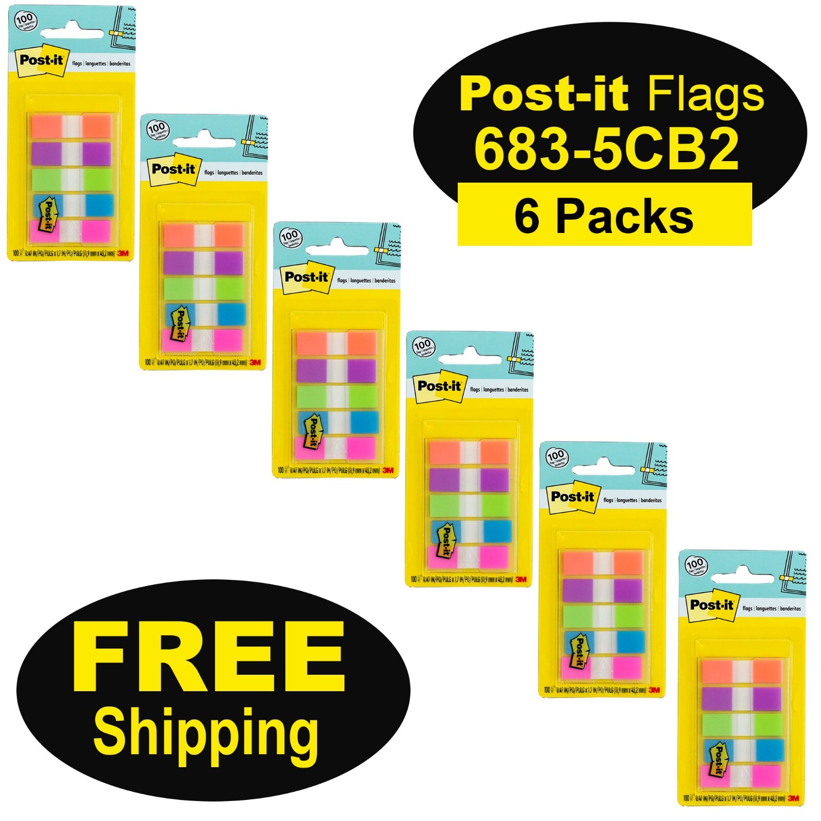 Post-it Flags 683-5CB2 .47 x 1.7", Assorted Colors, 6 Packs of 100 ...
