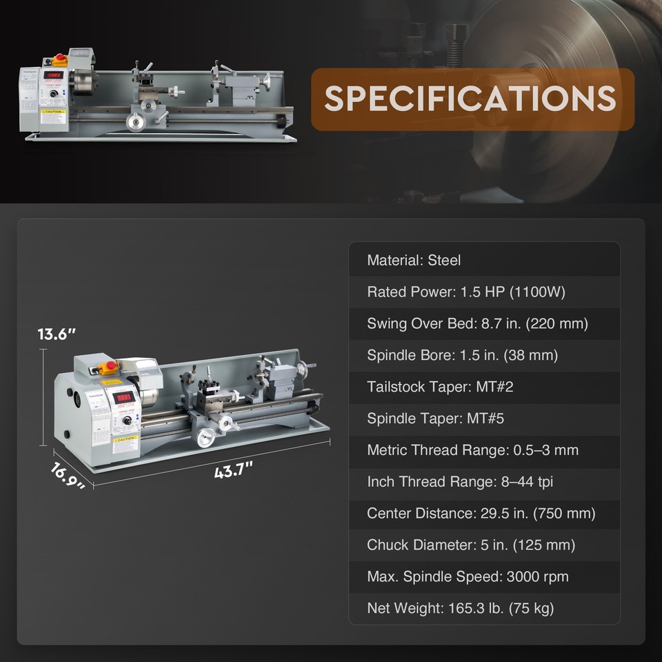 CREWORKS 9x30" Mini Metal Lathe w 1100W DC Motor 3000rpm 3 Jaw Chuck ...