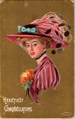 Vintage Postcard Congratulations Lady In Hat With Feather And Flowers ...