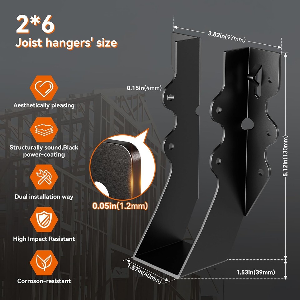 25 Pcs Black 2x6 Joist Hangers for Wood, Rafter Brackets, face Mount ...