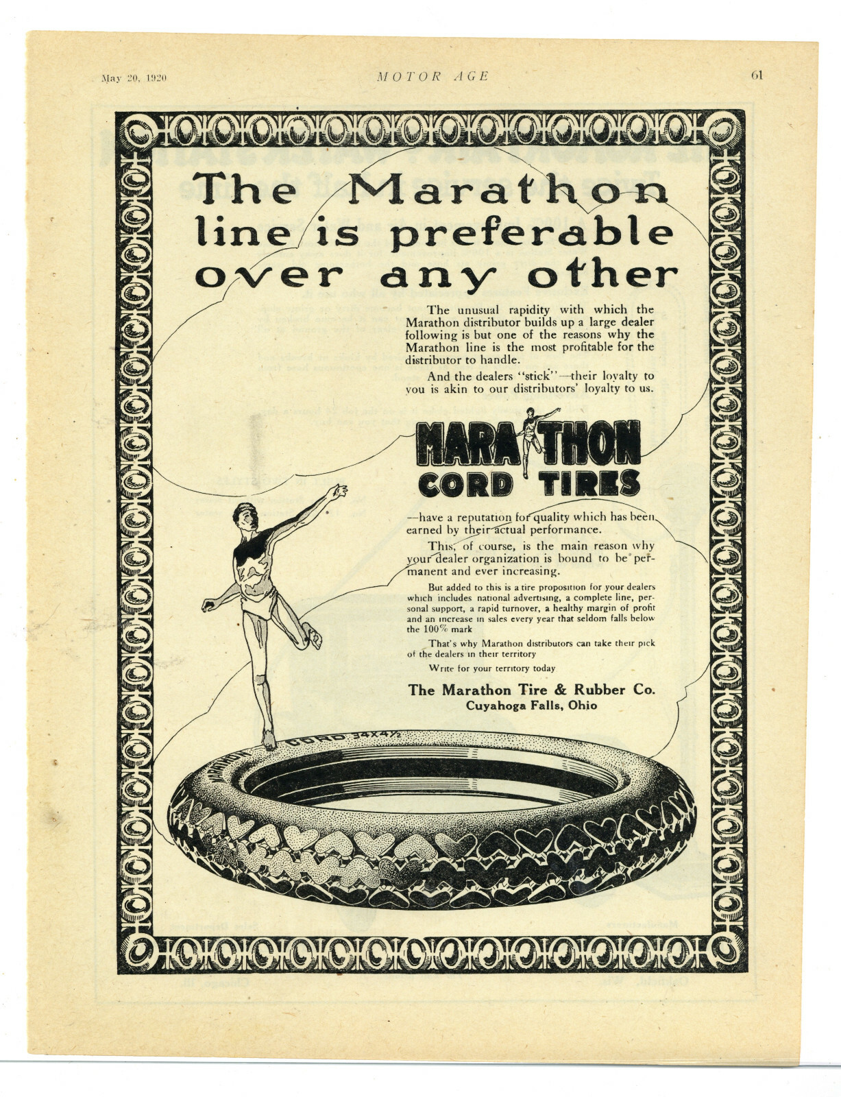 1920 Marathon Tire & Rubber Co. Ad: Cord Tires - Cuyahoga Falls, Ohio ...