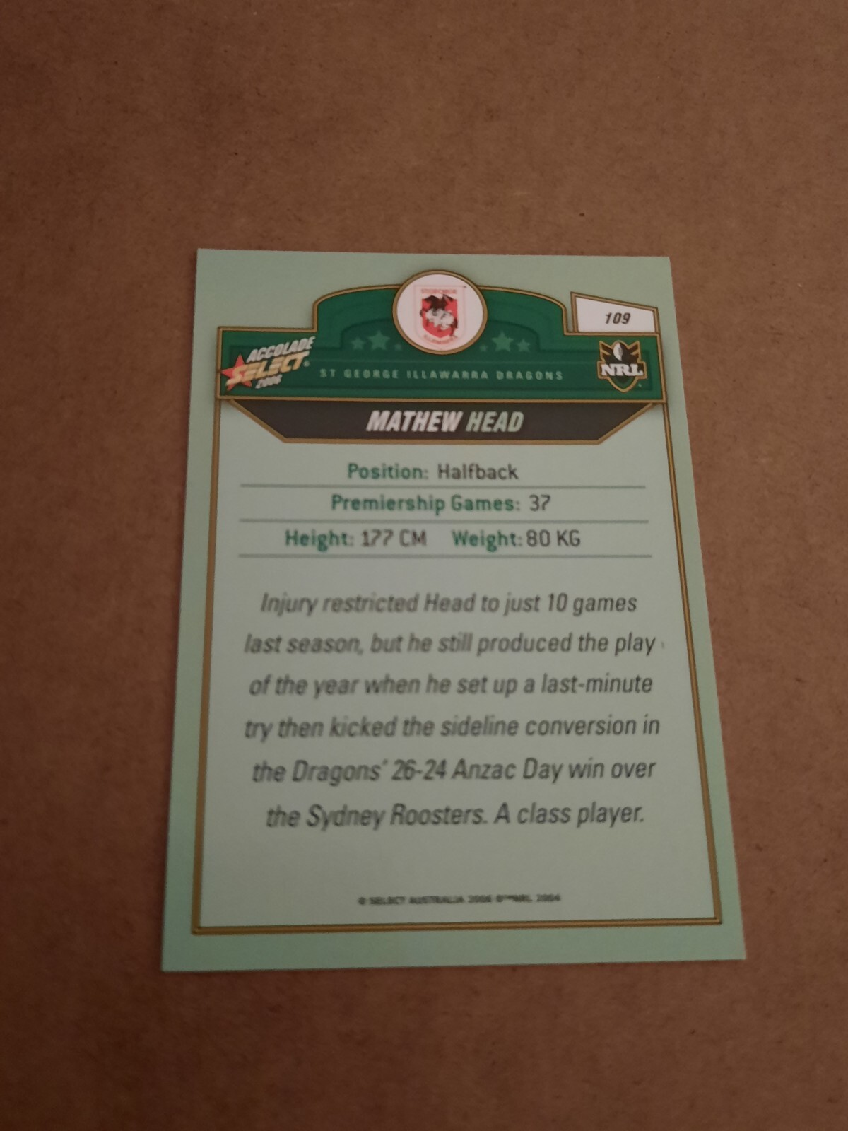 2006 Select NRL Accolade Matthew Head | eBay