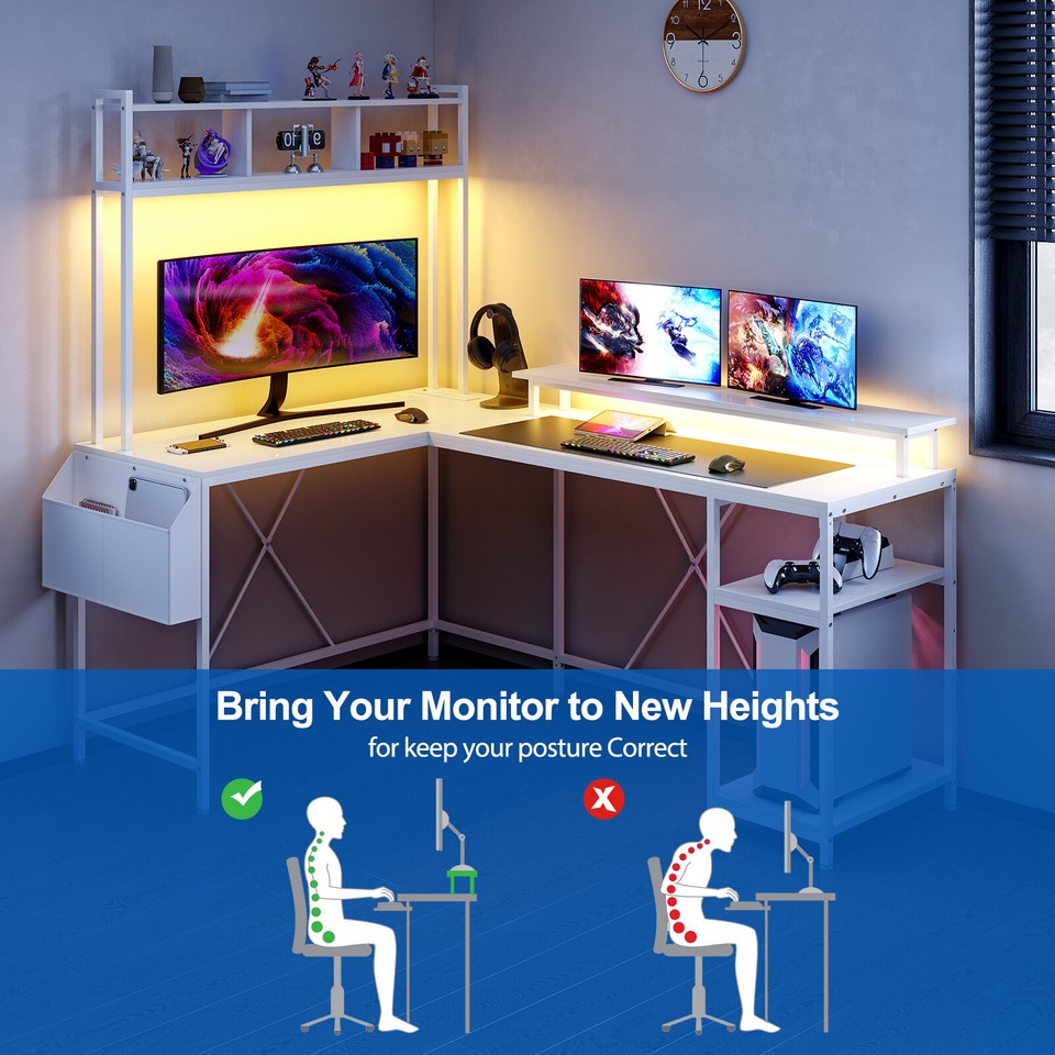 Storage Shelves L Shaped LED Computer Gaming Desk PC Corner Office ...