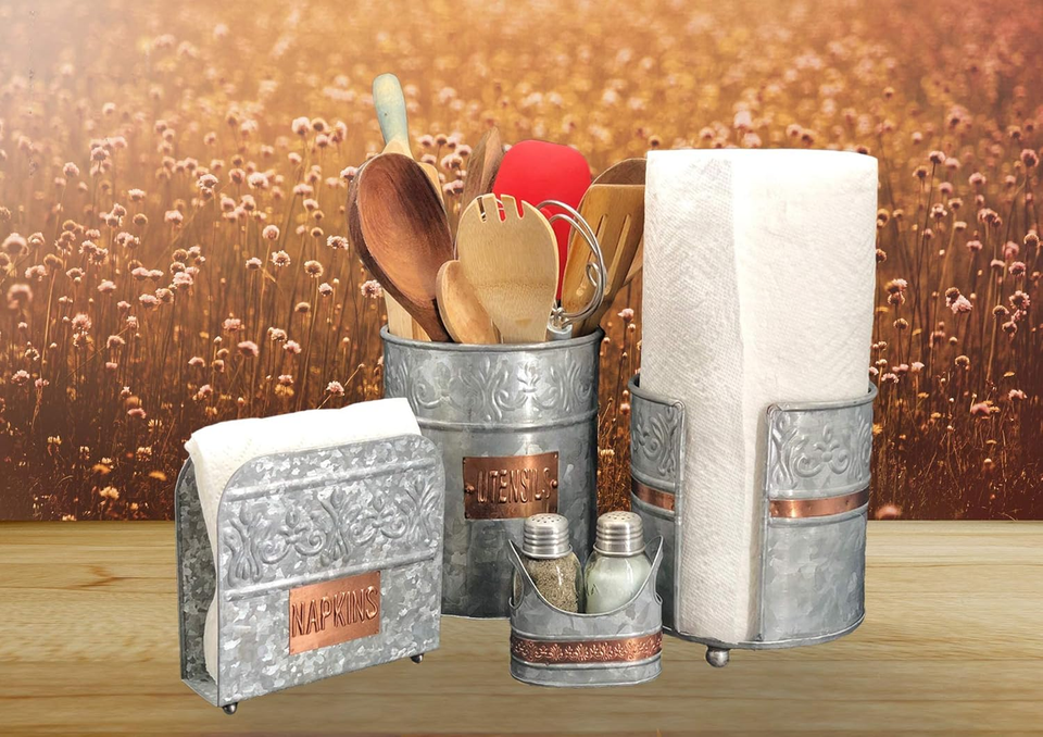 Rustic Galvanized Steel Kitchen Utensil Holder with Copper Label - 7.5 ...