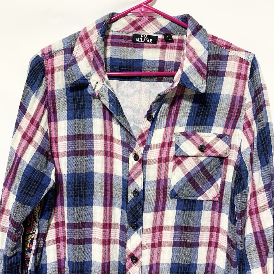 Via Milano Plaid Button Down Shirt Contrast Back Womens Size L Long ...