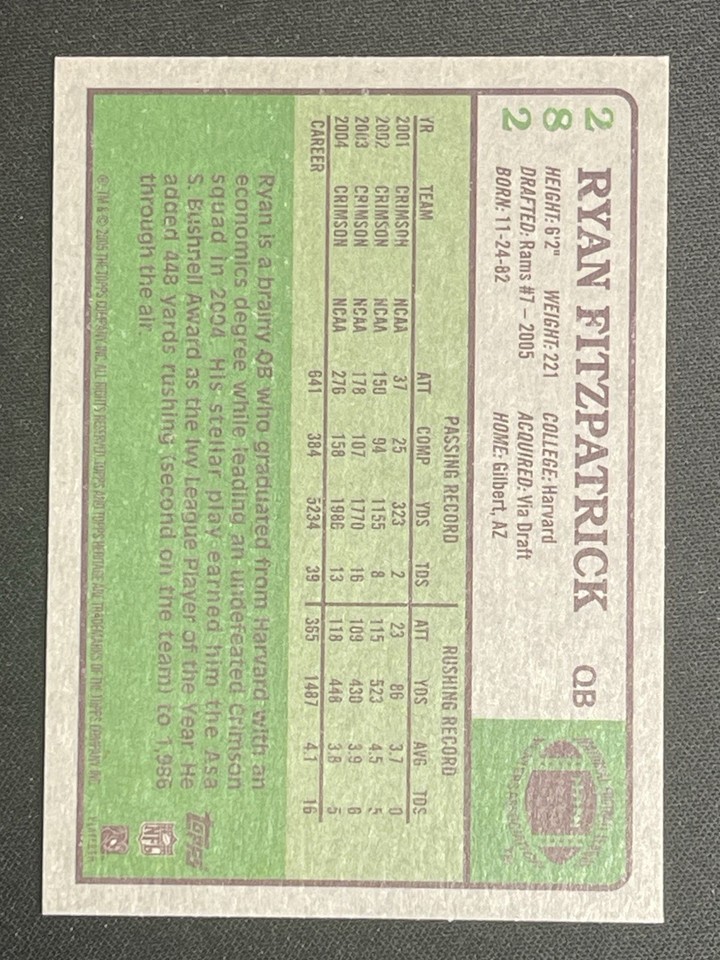 2005 TOPPS HERITAGE Ryan Fitzpatrick RC Rookie St Louis Jets QB Harvard ...