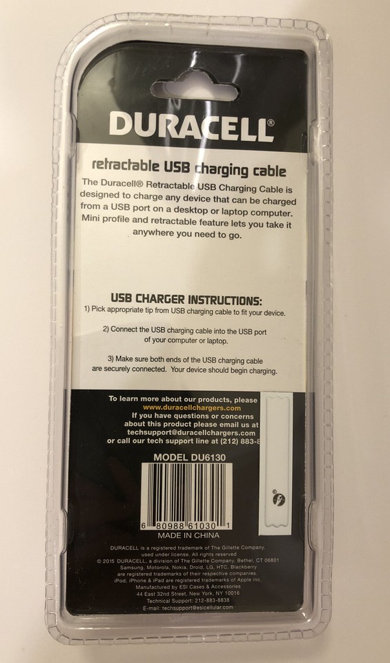 NEW Duracell Retractable USB Charging Cable Multiple Tips Micro Mini ...