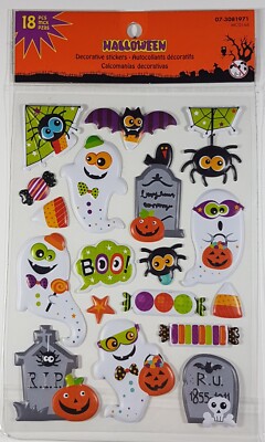 Puffy Halloween Stickers Spooky Ghost RIP Silly Spider Bats Candy Trick ...