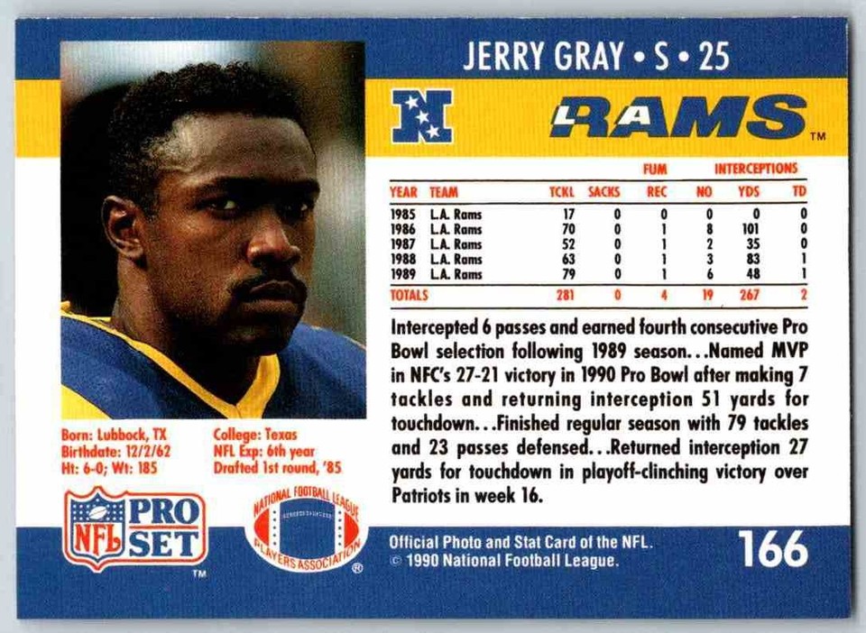 1990 Pro Set Jerry Gray #166 Los Angeles Rams Football Card | eBay