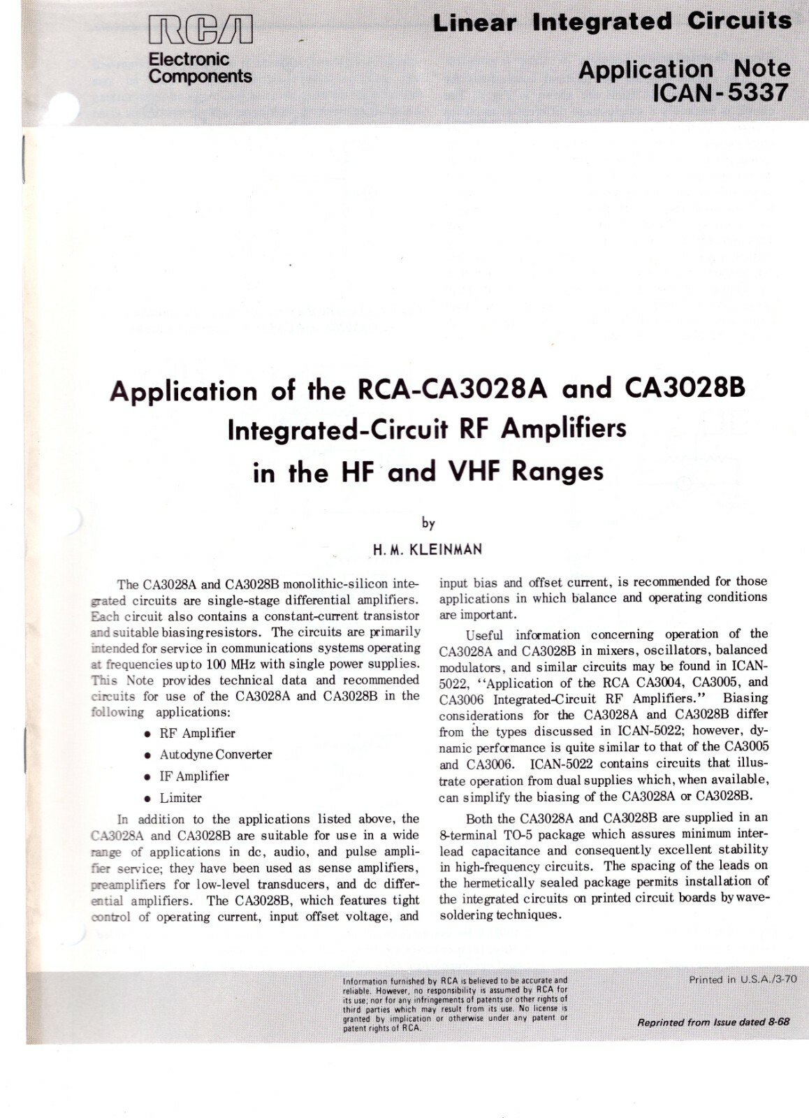 RCA Linear Integrated Circuits Application Note ICAN-5337 | eBay