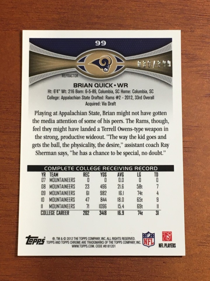 Brian Quick 2012 Topps Chrome Pink Refractor RC #99 /399 St. Louis Rams ...