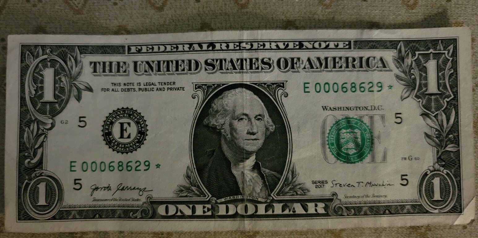 2017 STAR NOTE $1 DOLLAR BILL E00068629* CIRCULATED FEDERAL RESERVE ...