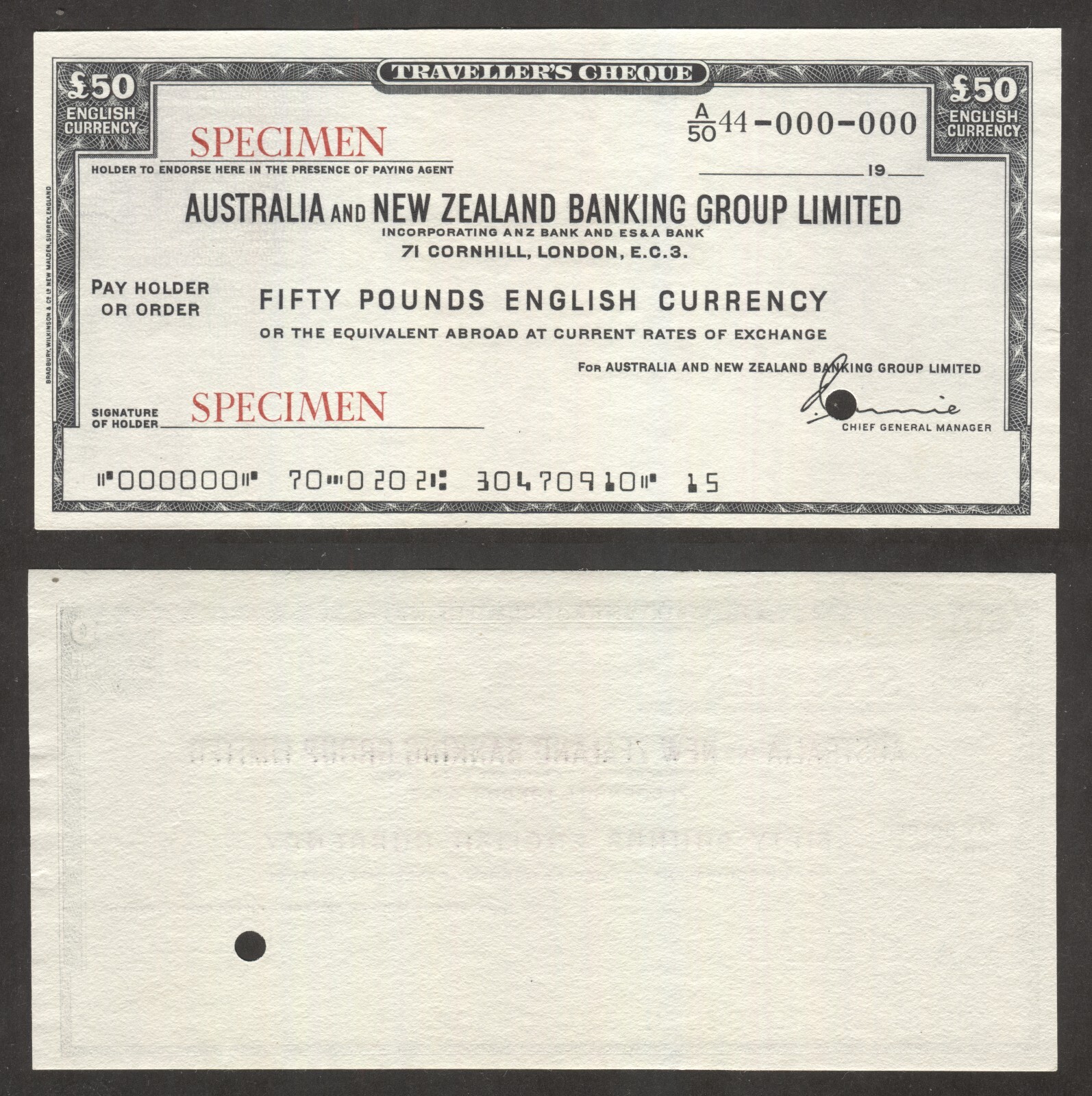 Australia and New Zealand Banking group - 50 pounds - travellers cheque ...