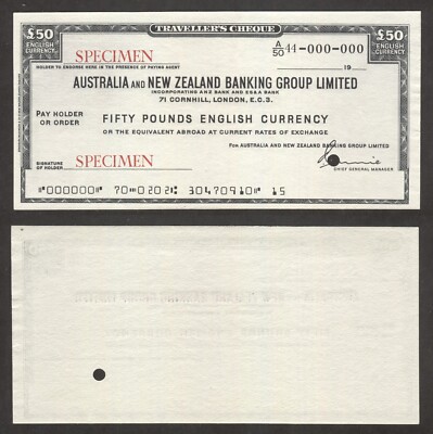 Australia and New Zealand Banking group - 50 pounds - travellers cheque ...