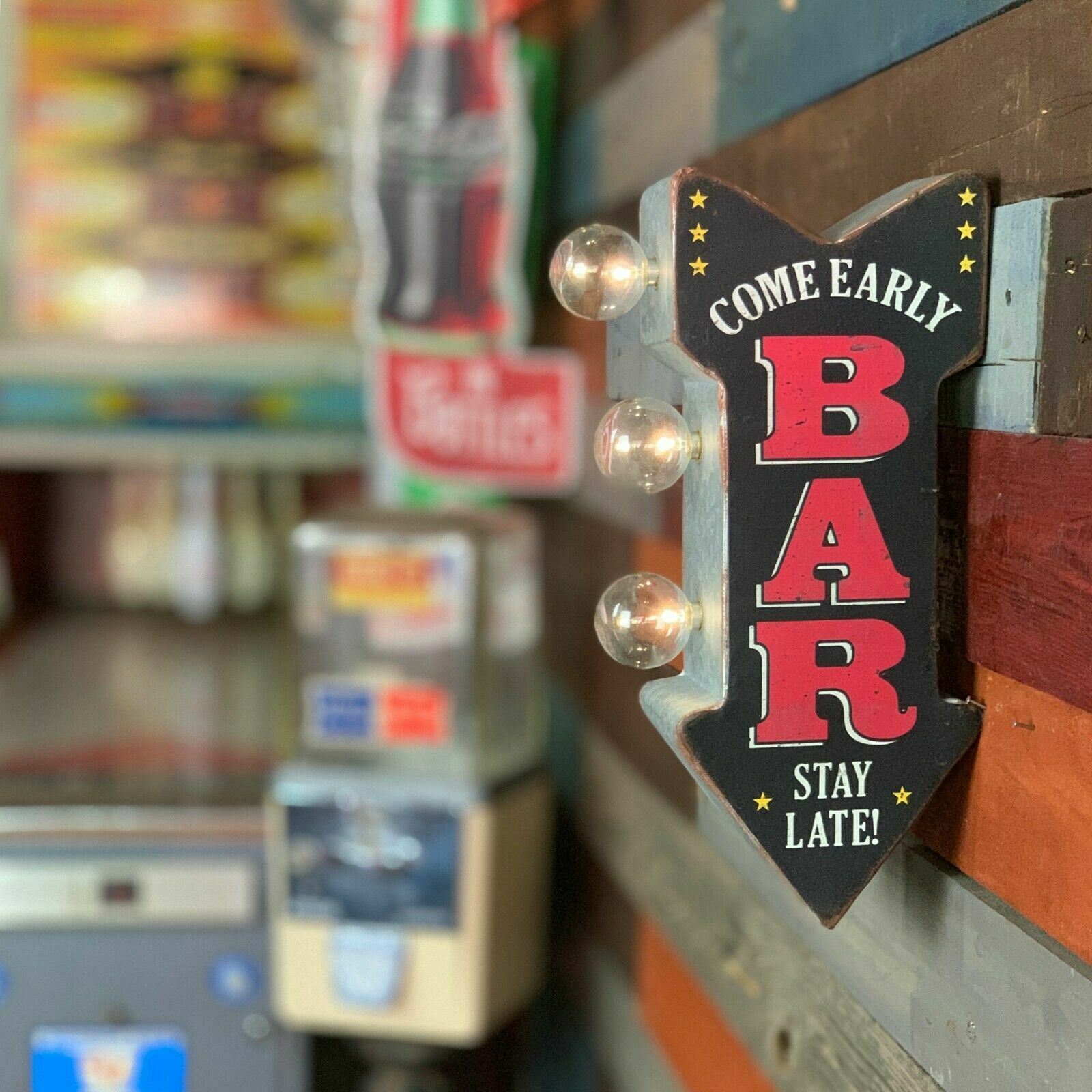 BAR Come Early Stay Late! LED Sign, Arrow Shaped Double Sided, Beer Man ...