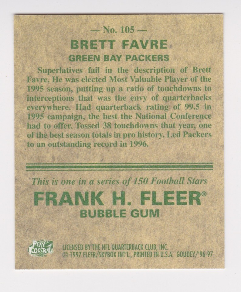 1997 Fleer Mini Goudey Frank H. Bubble Gum #105 Brett Favre Green Bay ...