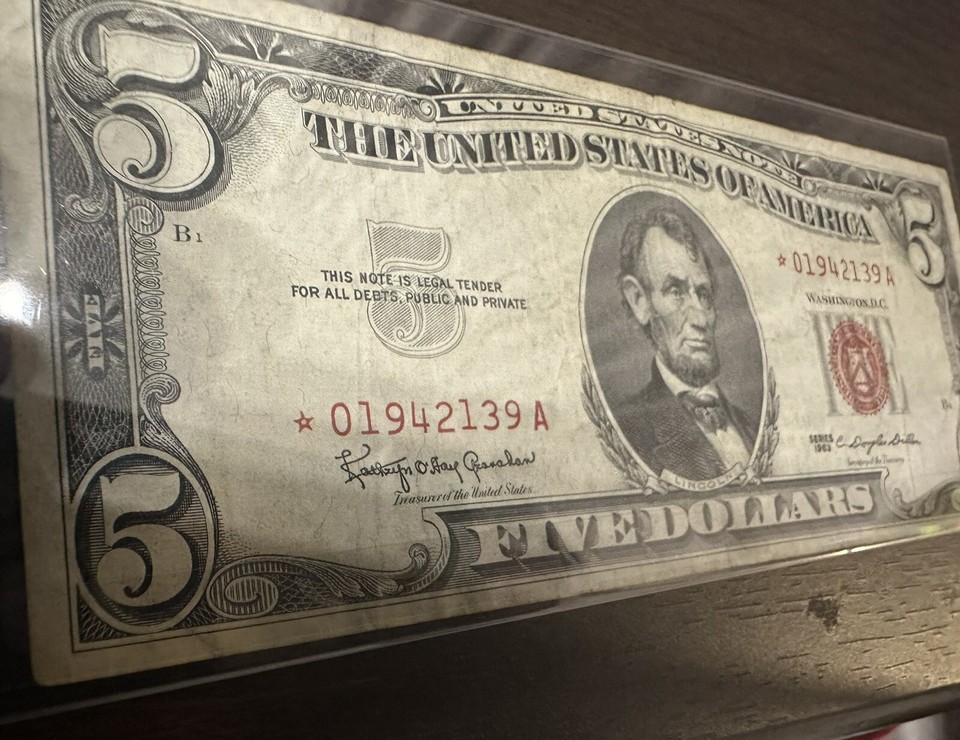 Ultra Rare Five Dollar Bill Red Seal STAR NOTE Series 1963 US Currency ...