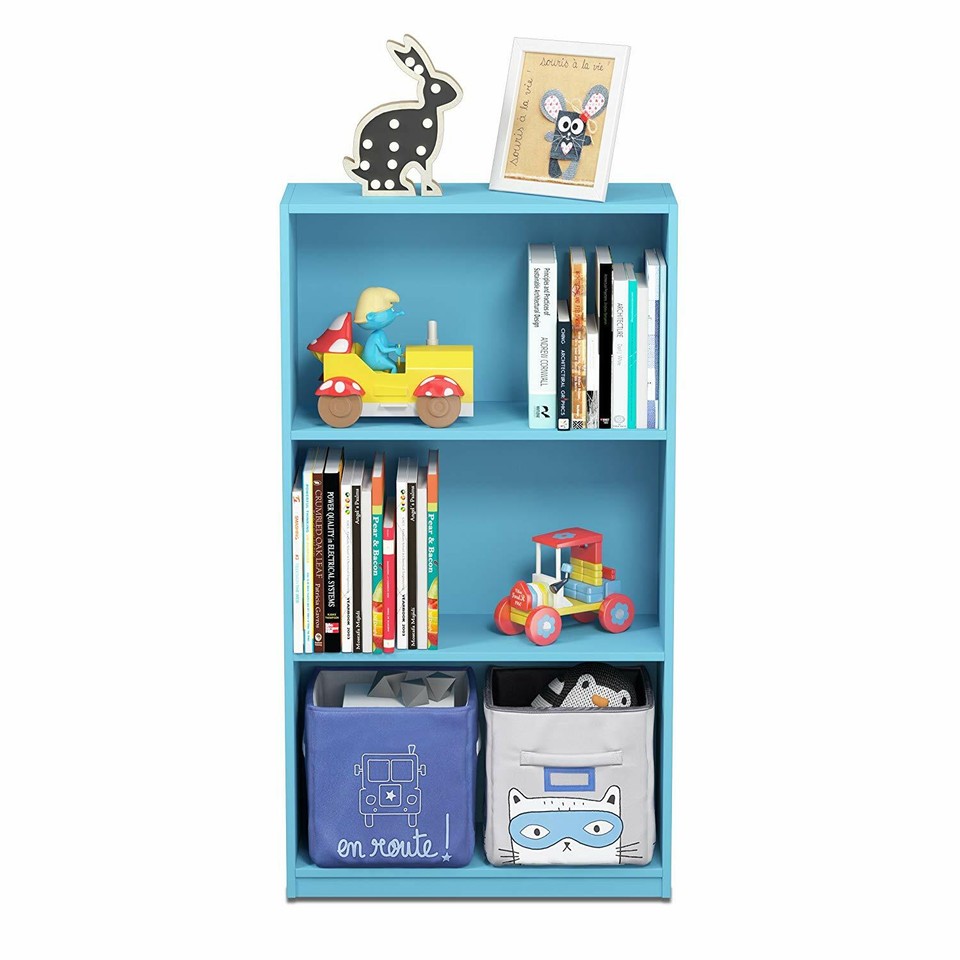 Solid Blue Wooden 3 Shelf Bookcase Storage Bookshelf Shelves Office ...