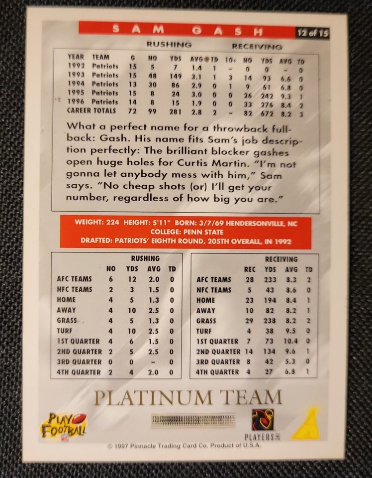 1997 Score Team Collection Platinum Team Sam Gash #12 Football Card ...