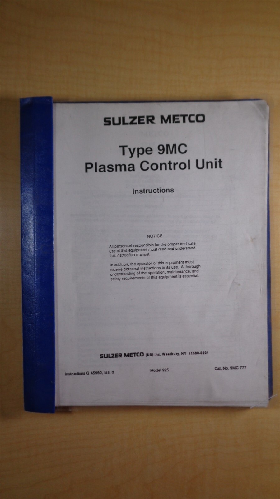 Sulzer Metco Type 9MC Plasma Control Unit Instruction Manual 6C B4 | eBay