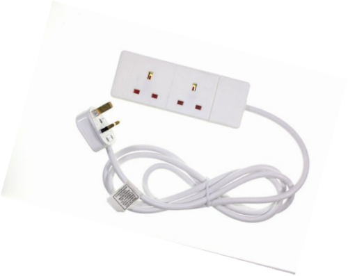 2-Gang Extension Trailing Lead White Multi Plug Power Cable 2Meter UK ...