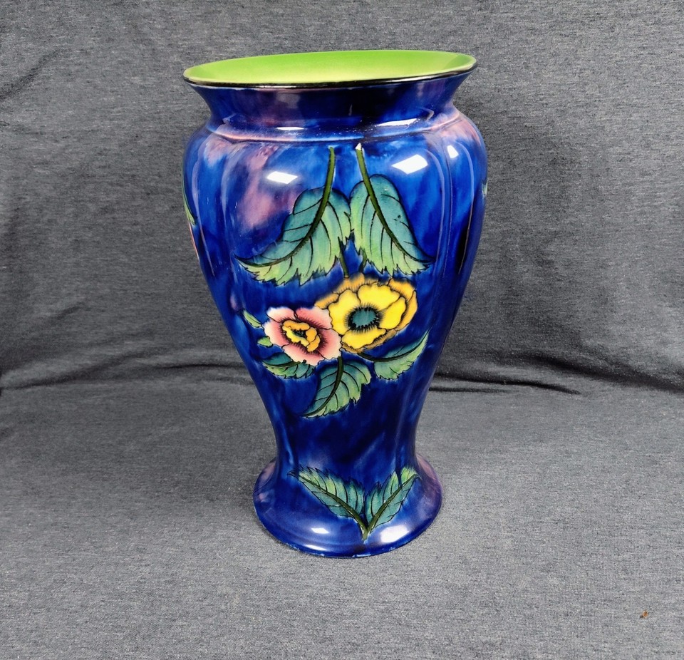 Large Deco Cobalt Blue Colourful Flowered Tunstall England Pottery Vase ...