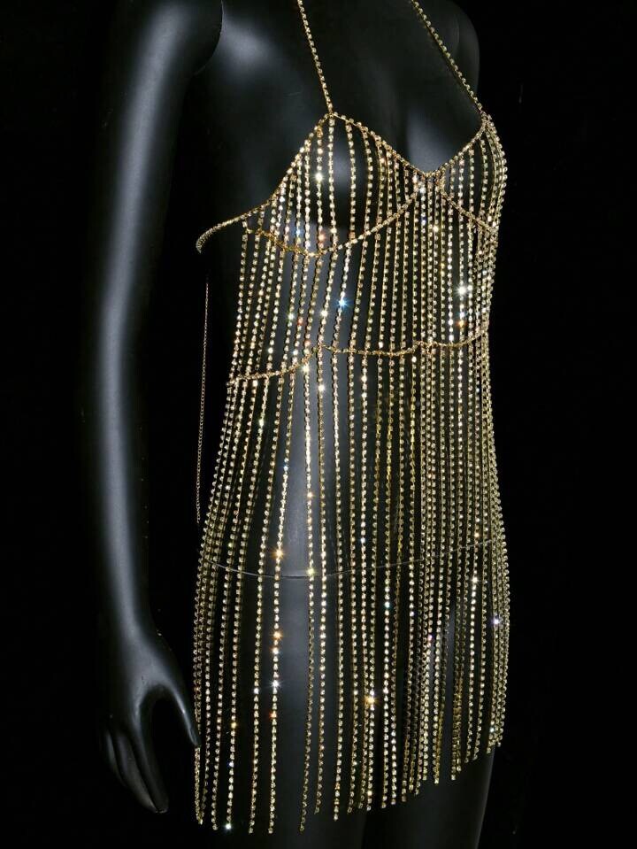 Shiny Rhinestone Dress, Women Diamond Tassel Body Chain, Full ...