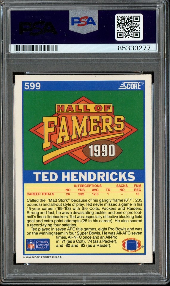 Ted Hendricks Signed 1991 Score #599 PSA/DNA Authentic AUTO | eBay