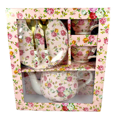 Grace Teaware Pink Vintage Rose 7 Piece Tea Time Gift Set Teapot Cups ...