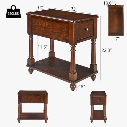 Narrow Open End Table with Drawer, Solid Wood Side Table 2-Tier Cherry ...