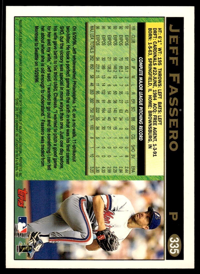 1997 Topps Baseball Card Jeff Fassero jiuhu Montreal Expos #335 | eBay