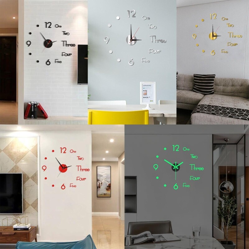 for 3D Acrylic Mirror Stickers Wall Clocks DIY Digital Clock Quartz Nee | eBay UK