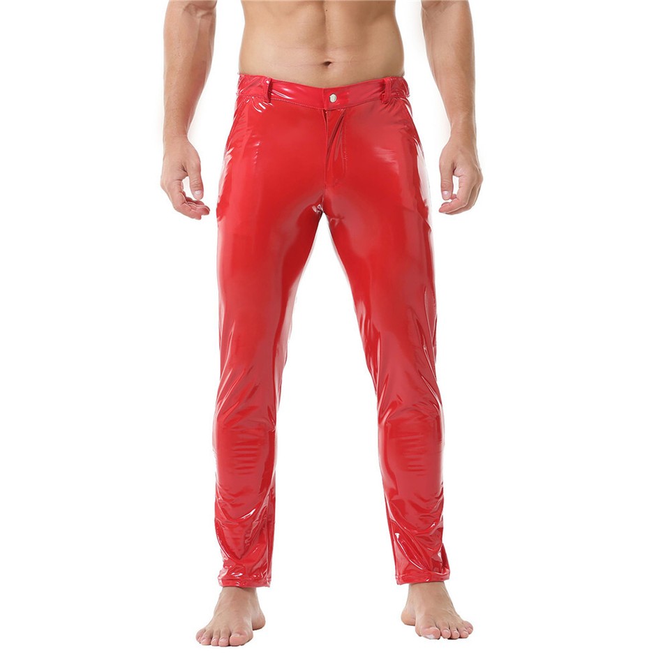 Men's Glossy PVC Leather Pants Latex Wet Look Moto Biker Long Trousers ...