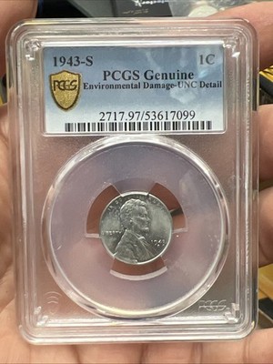 1943-S 1¢ Steel Penny Wheat Back Cent PCGS Genuine Environmental Damage ...