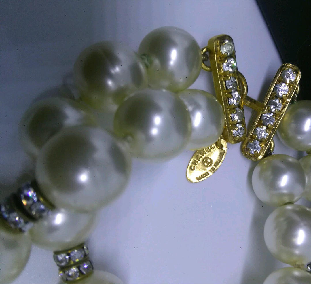 Vintage CHANEL Rhinestones White Pearl Bracelet Used … - Gem