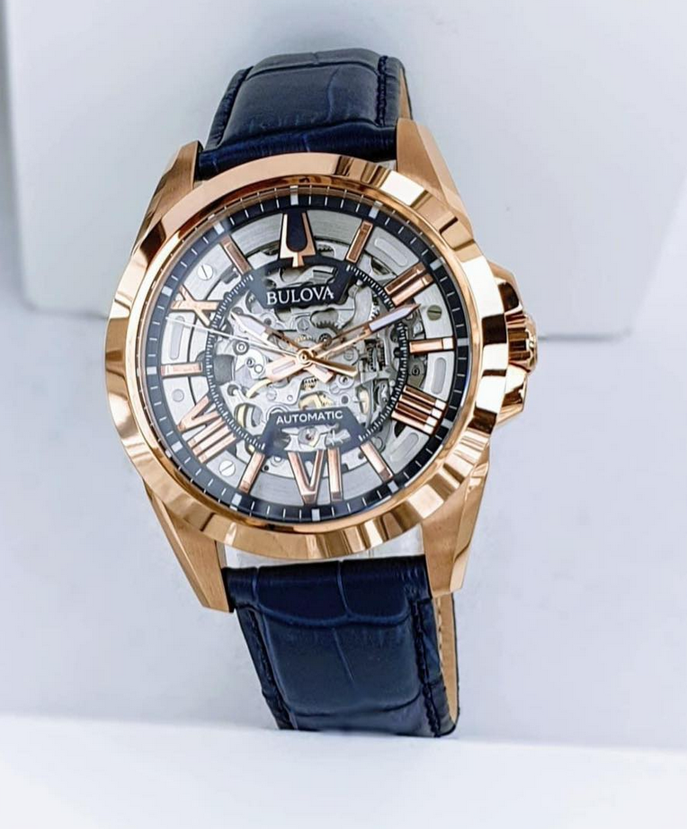 Bulova Sutton Automatic Skeleton Dial 97A161 Blue Leather Band Men's ...